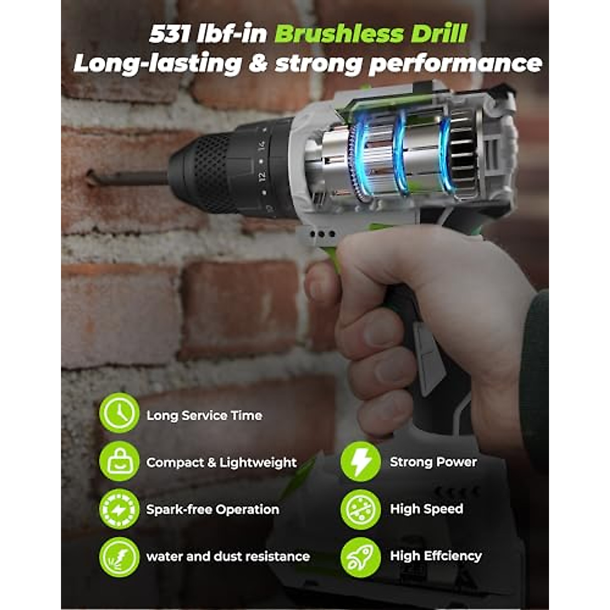 Cordless Drill, ETOOLAB Power Brushless Drill Set 45 Pieces, 531lbf.in Professional 3-in-1 20V Impact Drill Driver with 2.0Ah Battery