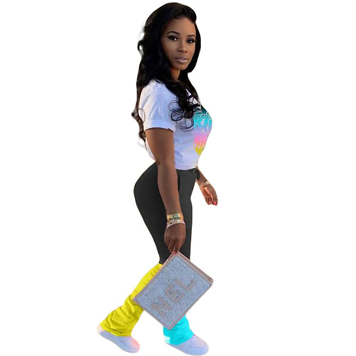 Casual 2 Piece Outfit Sets for Women Color Block Short Sleeve T-Shirts + Stacked Flare Pants Tracksuit Sweatsuit A-Black