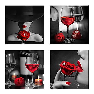 Adbykgto Red Rose Wine Glasses Wall Art Canvas Decor 12x12 4 Pieces Framed for Bedroom Decor Modern Red and Black Rose Women with Hat Painting Kitchen Pictures Home Decor
