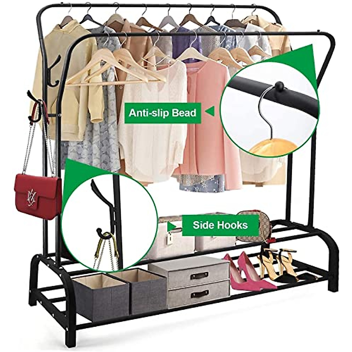 RELIANCER Heavy Duty Deluxe Double-Rail Garment Rack w/ 2 Tier Shoe Shelves 140lb Capacity Large Clothes Hanging Rack Commercial Clothing Organizer Indoor Bedroom Store Coat Hanger Holder