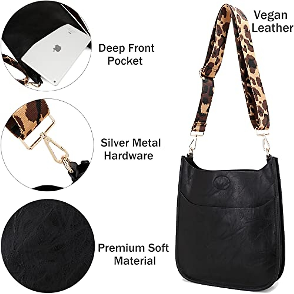 NOL Natural Organic Lifestyle Women Crossbody Handbag Retro Vegan Leather Messenger Bag with Romovable Leopard Shoulder Strap (Black Medium)