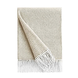 BOURINA Decorative Diamond Lattice Faux Cashmere Fringe Throw Blanket Lightweight Soft Cozy for Bed or Sofa Farmhouse Outdoor Throw Blankets, 50" x 60", Beige
