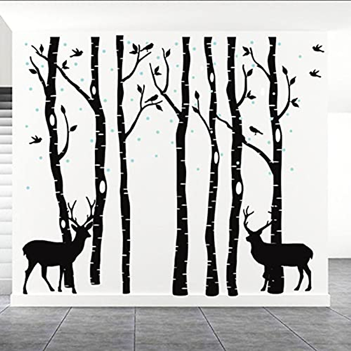 HOSNNER Deers Tree Wall Stickers - Forest Mural Wallpaper for Bedroom Kids Baby Nursery Vinyl Removable DIY Decals 82.7x70.9 inch Grey+Black
