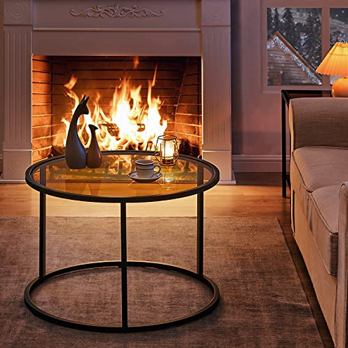 SAYGOER Glass Coffee Table Round Modern Coffee Tables Small Mid Century Coffee Table for Living Room Home Office Simple Retro Table Top with Metal Frames, Easy Assembly, Brown Black