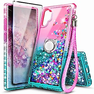NGB Supremacy for Galaxy Note 10+ (Plus) Phone Case with Screen Protector (Flexible TPU), Ring Holder/Wrist Strap Lanyard, Glitter Floating Liquid Cute Case for Samsung Note 10 Plus Pink/Aqua