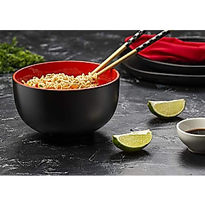 KooK Ceramic Japanese Noodle Bowl Set, Large Capacity, For Ramen, Udon, Soba, Pho and Soup, Microwave and Dishwasher Safe, 34 oz, Set of 4 (Black/Red)