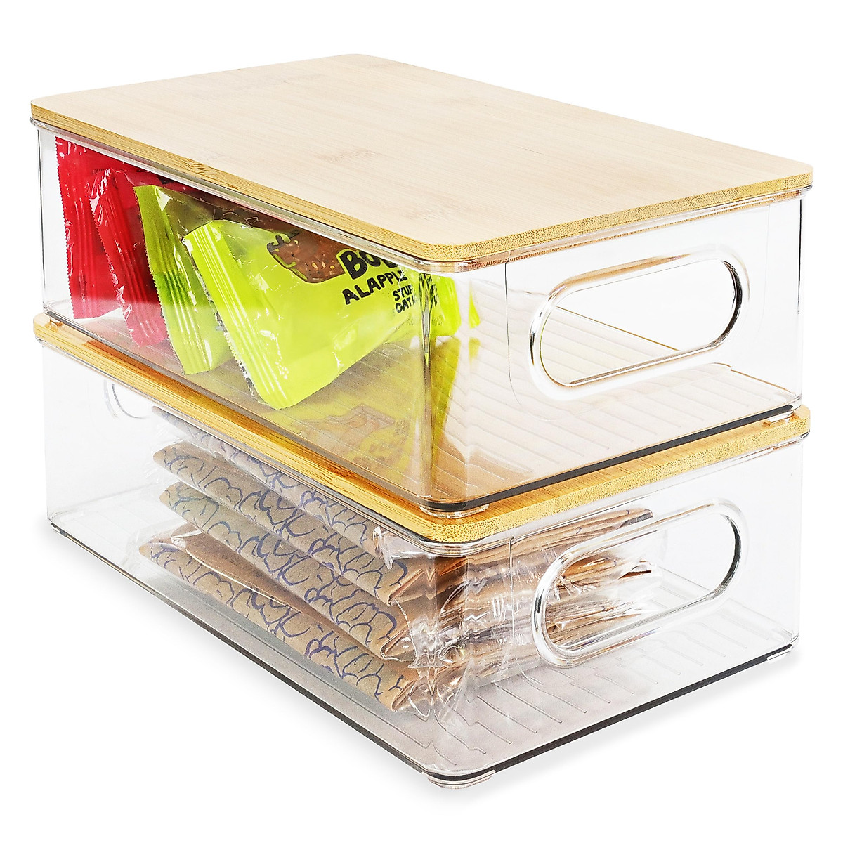 7Penn Stackable Storage Bins with Lids - 2 Pack Bamboo Lid Storage Containers for Home Organizing - Clear Acrylic Stacking Container for Pantry, Bathroom, Kitchen, Fridge, or Closet Organization