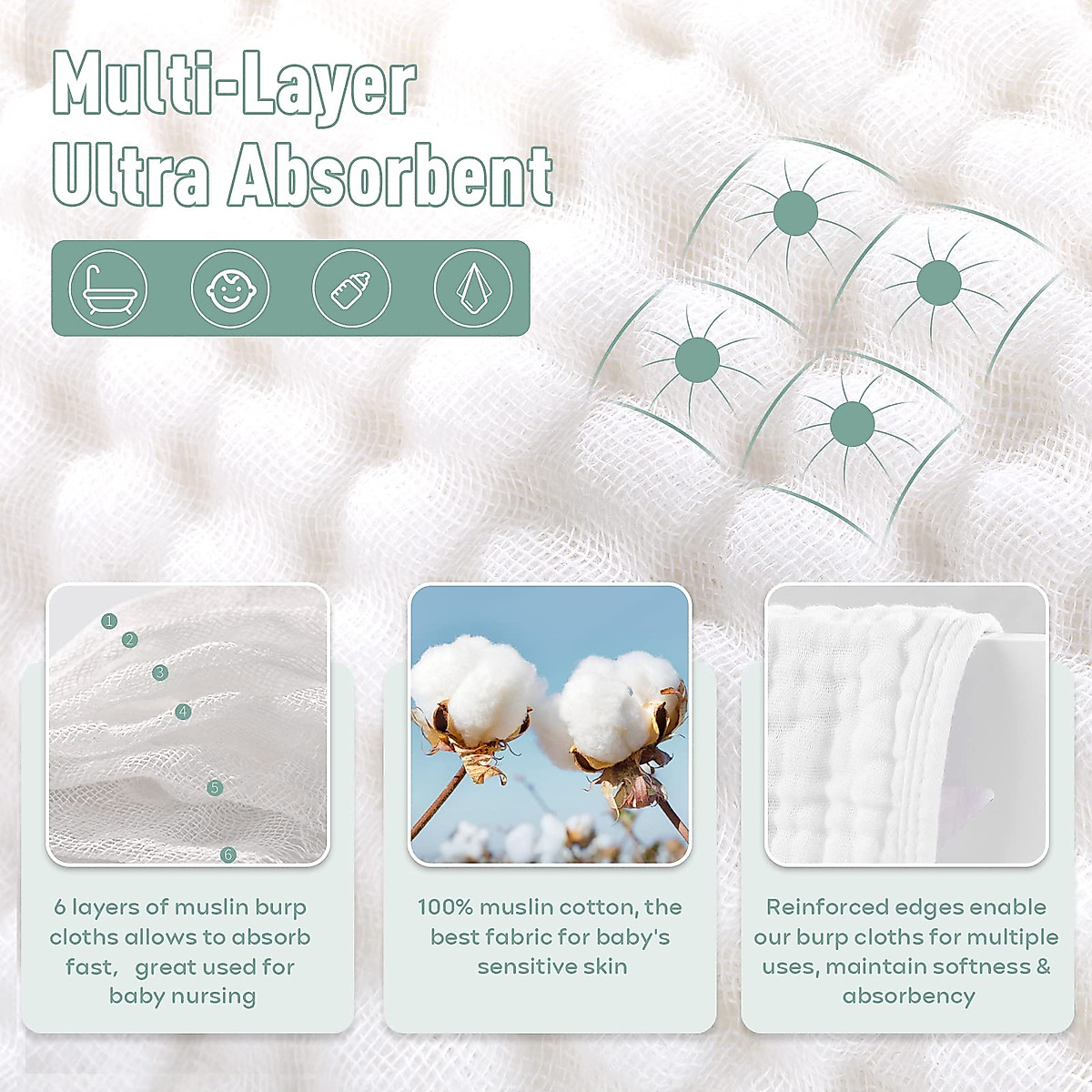 Yoofoss Muslin Burp Cloths 6 Pack Baby Washcloths Large 20''X10'' 100% Cotton 6 Layers Super Soft and Absorbent - White