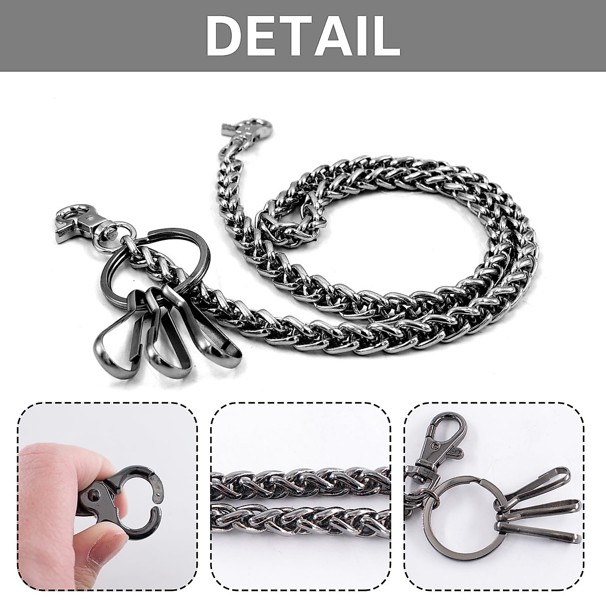QzoneLife® 18.5inch Metal Wallet Chain Pocket Keychain with Lobster Clasps and 3 Keychain Rings Heavy Waist Jeans Chain for Keys, Men Wallet, Pants, Belt Loop, Handbag Black
