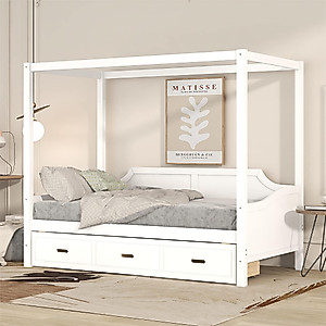 Bellemave Twin Canopy Beds Wood Daybed with Storage Drawer Modern 4-Poster Beds Twin Size for Kids Boys Girls Teens, White