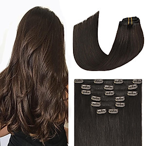 Aison Dark Brown Clip in Hair Extensions Real Human Hair 70G Remy Human Hair Clip in Extensions Soft Silky Straight for Women 7pcs 16clips 18 Inch Brown Hair Extensions