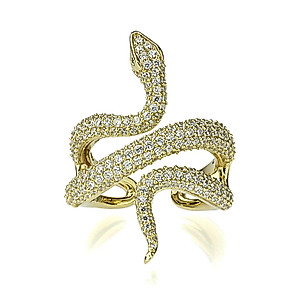 DoubleAccent 14K Yellow Gold Plated Sterling Silver Fashion Ring Snake Design, 34mm Height with CZ (Size 6 to 8)
