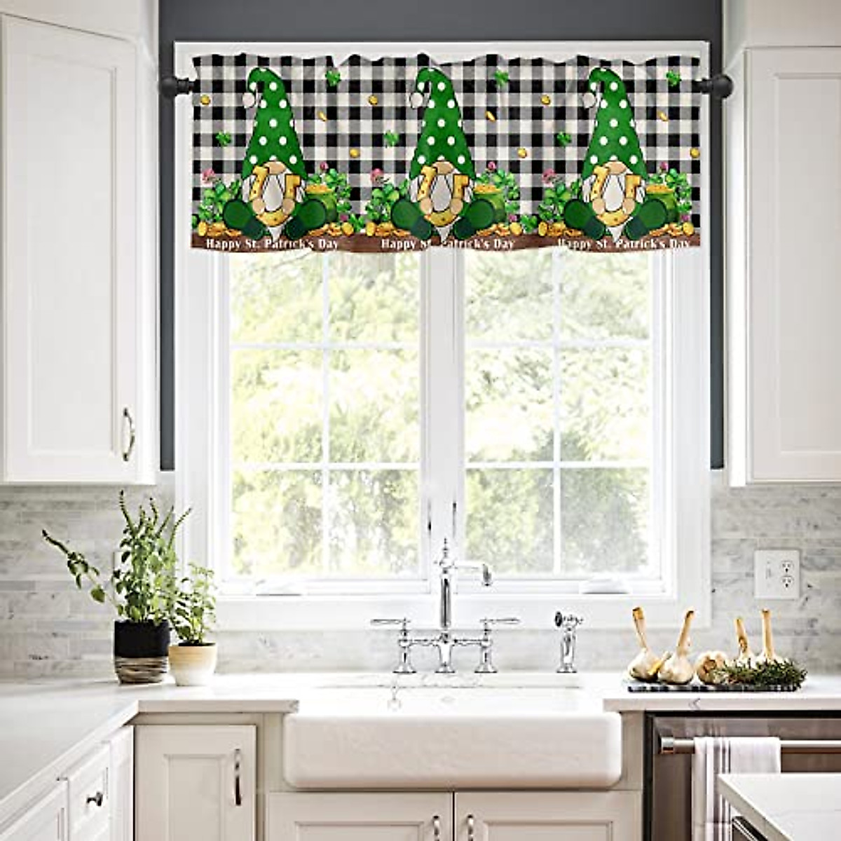 Valances for Windows St. Patrick's Day Clover Gold Coin Gnomes Black White Buffalo Plaid Kitchen Valances for Windows Rod Pocket Window Valance Curtains,Semi Sheer Valance for Kitchen 54" x18"