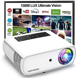 HOPVISION Native 1080P Projector Full HD, 15000Lux Movie Projector with 150000 Hours LED Lamp Life, Support 4K 350" Home Outdoor Projector for Smartphone/ PC/ Laptop/ PS4/ TV Stick/ EXCEL/ PPT