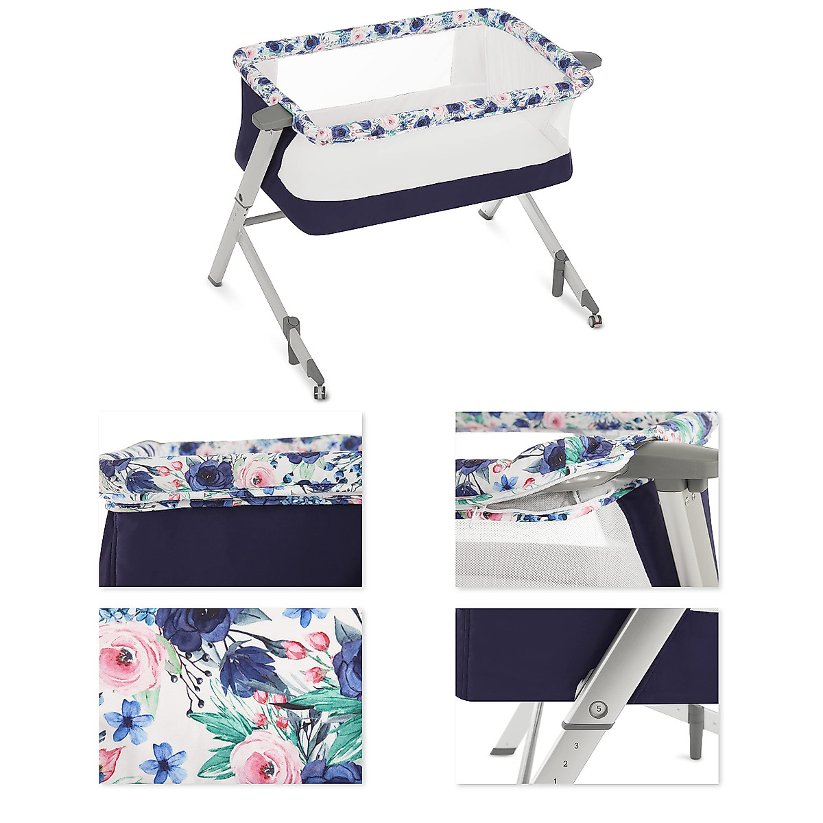 Dream On Me Flora Baby Bassinet in Floral Bloom, Lightweight and Portable Travel Bassinet with Carry Bag, Five Adjustable Height Position, Mattress Pad Included