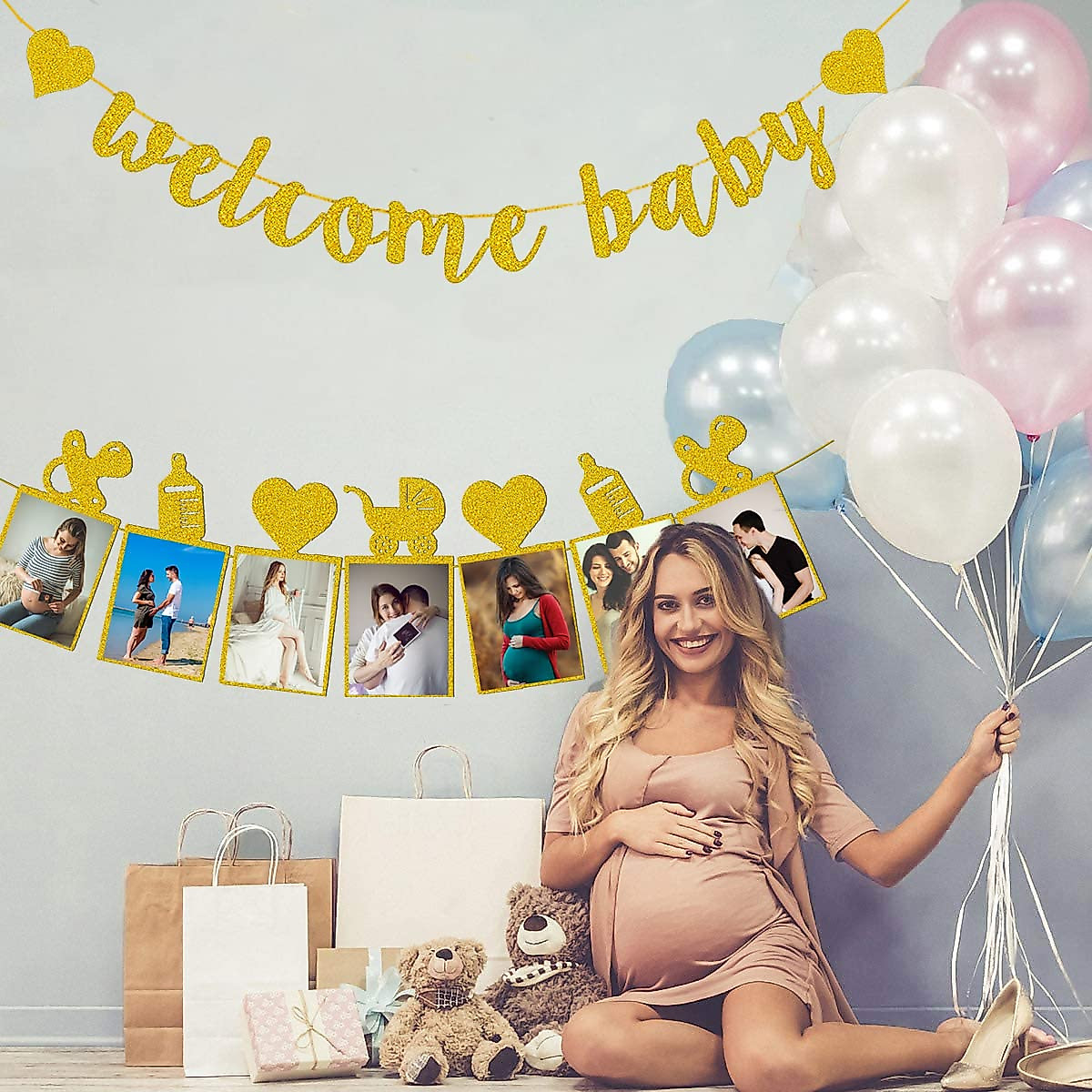 Baby Shower Decorations Gold- Welcome Baby Banner Pre-Strung & Baby Shower Photo Banner for Girls or Boys Baby Shower Gender Reveal Party Decor Supplies Baby Party Photo Booth Props