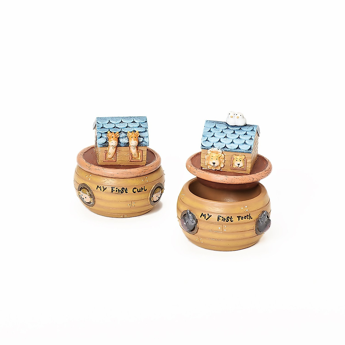 Roman Exclusive Noah's Ark Hand Painted Keepsake Box Set Incised with My First Tooth and My First Curl, 3-Inch Tall