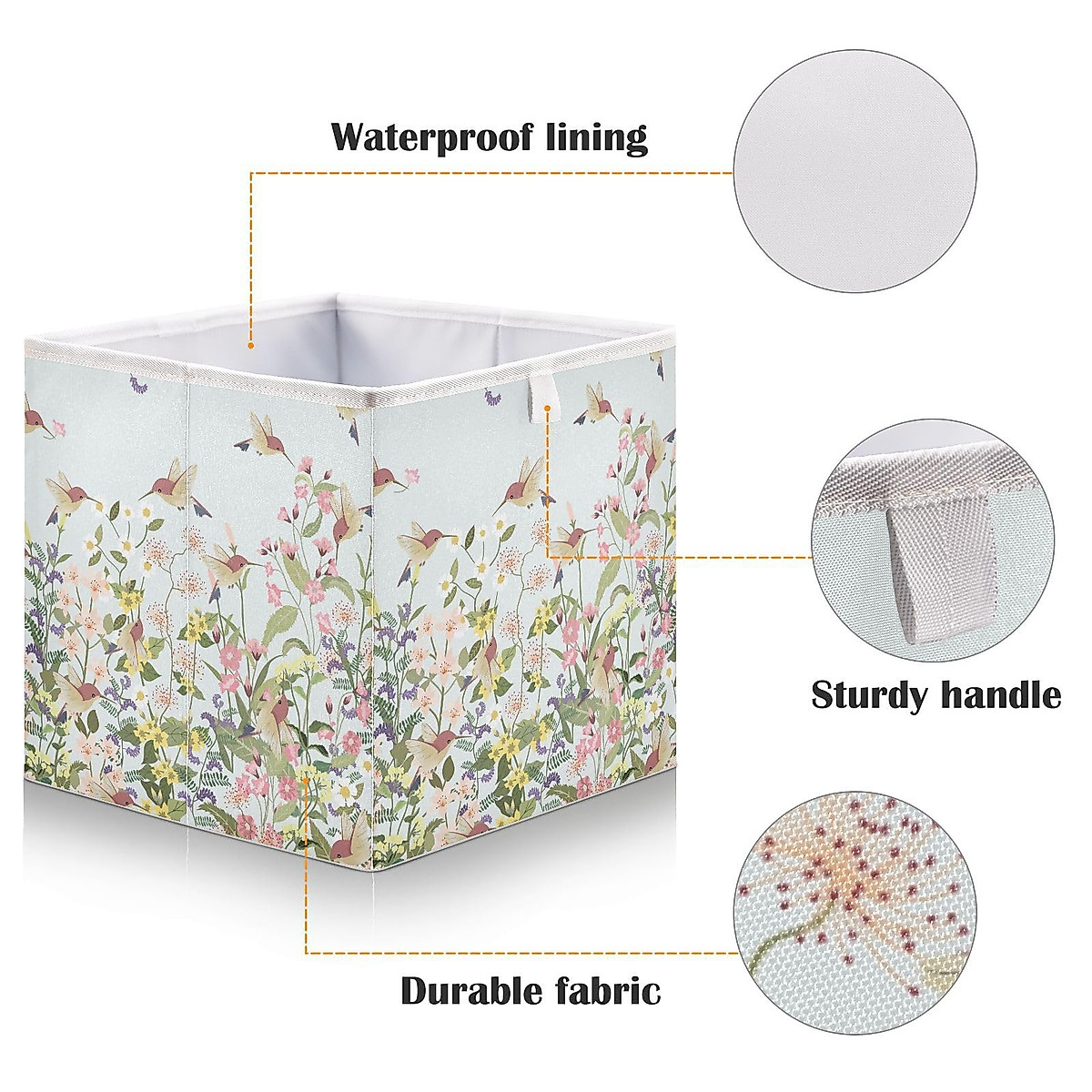 FUGIDOG 11x11x11 inch Fabric Storage Bins Flowers Hummingbirds Foldable Storage Cubes Baskets with Handles Clothes Toys Storage Box for Nursery Closet Shelves Organizer
