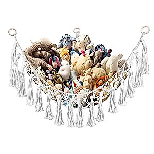 SHUBIAO Stuffed Animal Hammock, Net for Stuffed Animals, Handmade Large Size Macrame Toy Corner Hammock with, apply to for Kids Bedroom Nursery Play Room，Corner Storage Net Holder with Hooks (White)