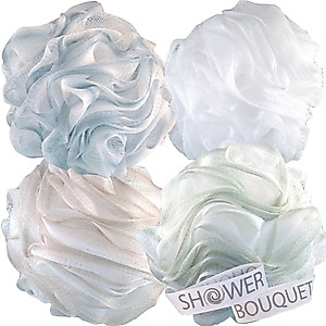 Loofah-Bath-Sponge XL-75g-Soft-Set by Shower Bouquet: 4-Pack-Pastel-Colors - Extra-Large Mesh Pouf Scrubber for Men and Women - Exfoliate with Big Lathering Cleanse
