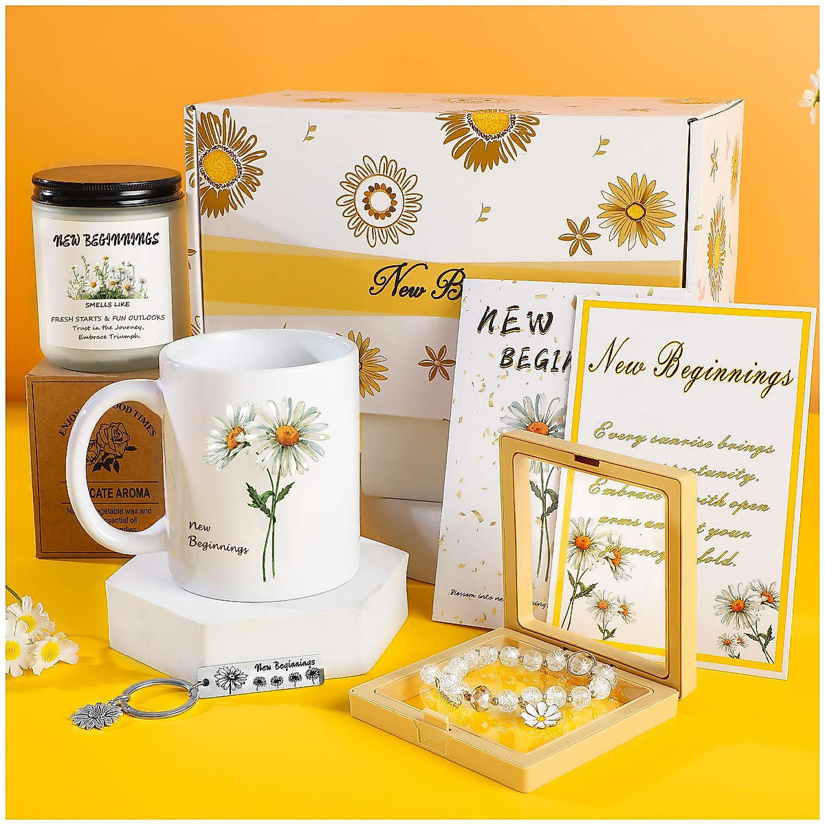 New Beginnings Daisy Box Gifts for Women - Coffee Mug, Candle, Keychain Gift Basket for Graduation, Coworker Leaving, Goodbye, Break Up, Going Away, New Job, New Home, Farewell, Good Luck, Divorce