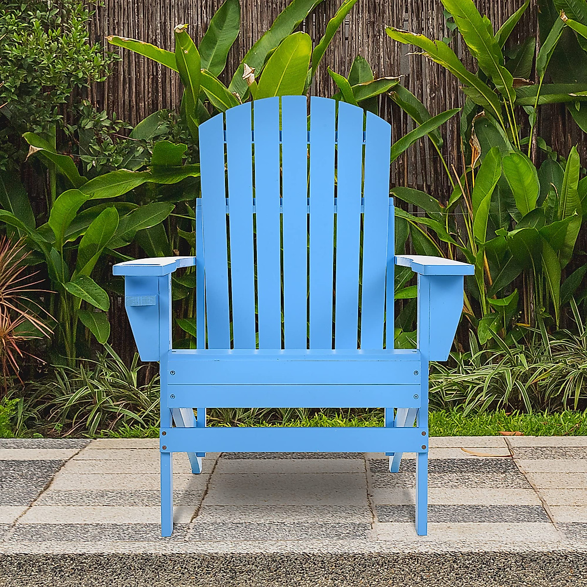 Outsunny Wooden Adirondack Chair, Outdoor Patio Lawn Chair with Cup Holder, Weather Resistant Lawn Furniture, Classic Lounge for Deck, Garden, Backyard, Fire Pit, Blue