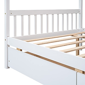 Full Size House Bed for Kids, Montessori Bed Full Size Platform Bed Frame with 2 Drawers, Headboard and Footboard, Solid Wood Full Storage Bed for Girls & Boys (Full, White)