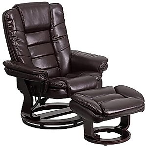 Flash Furniture Bali Contemporary Multi-Position Recliner with Horizontal Stitching and Ottoman with Swivel Mahogany Wood Base in Brown LeatherSoft