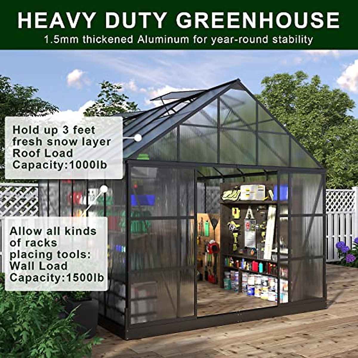 AMERLIFE 12x10x10 FT Polycarbonate Greenhouse 2 Sliding Doors 4 Vents Walk-in Premium Professional Greenhouse Storage Shed Sunroom Aluminum Large Hot House for Outdoor Garden Backyard Matte Black