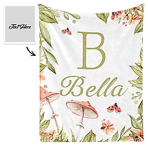 Leaves Mushroom Ladybird Personalized Monogramed Baby Shower Blanket for Baby Girl Boy, Custom Name Soft Warm Newborn Throw Blanket 30X40 in