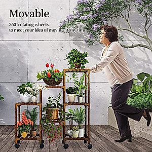Qilebi Plant Stand Indoor With Wheels, Wood Outdoor Plant Stand for Multiple Plants, 9 Tier Ladder Plant Holder Table Plant Pot Stand for Garden, Balcony, Living Room, Corner, Front & Back Yard