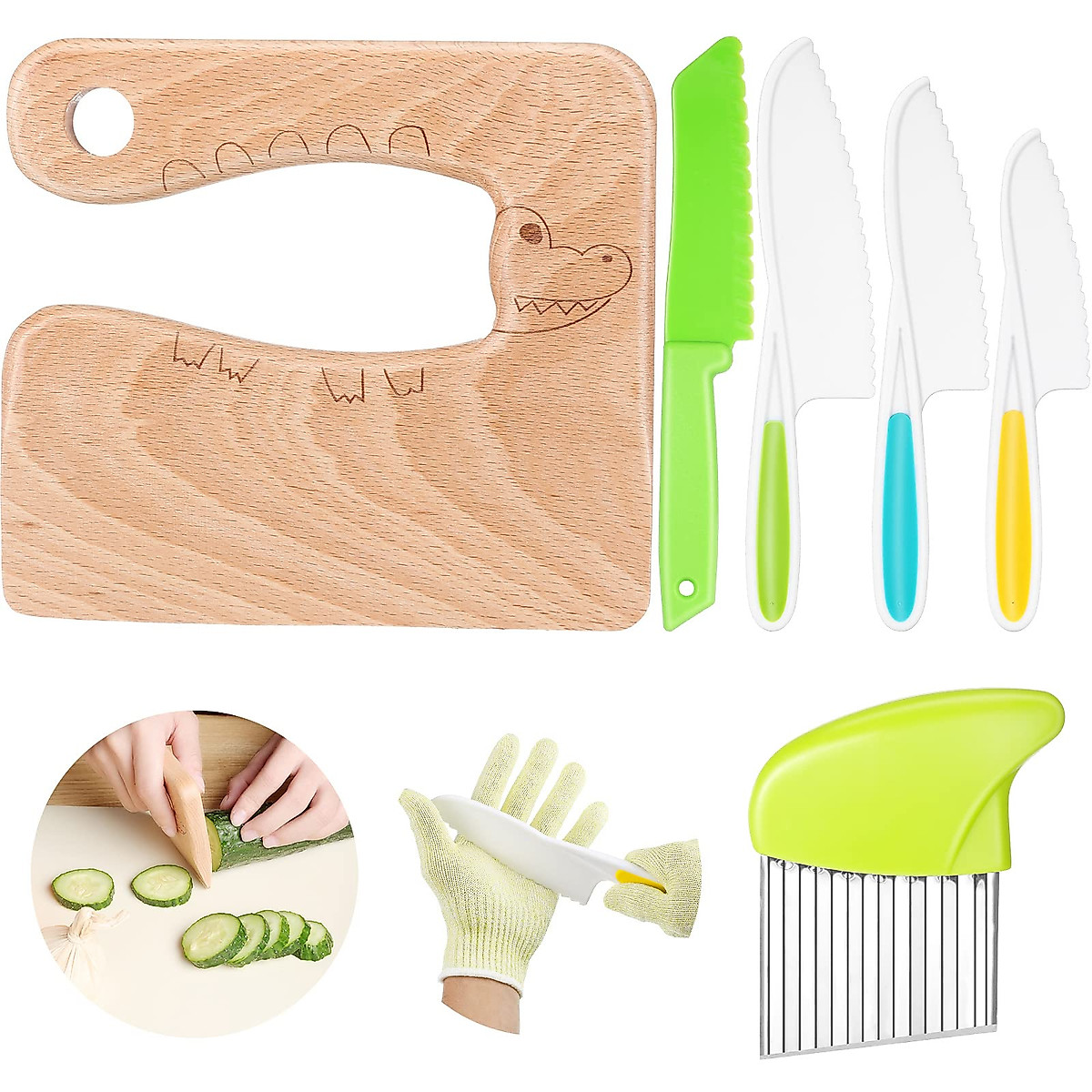 Zhehao 7 Pieces Kitchen Wooden Knife for Kids Include Wood Kids Knife Plastic Potato Slicers Cooking Knives Serrated Edges Toddler Knife Kids Plastic Knife Resistant Gloves for Children (Crocodile)