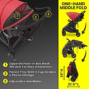 Jeep Gemini Stroller by Delta Children - Full of Features: Easy One-Hand Fold, Recline, Lightweight, Oversized Canopy, 2 Cup Holders, Shock Absorbing Frame, Grey Tweed with Red