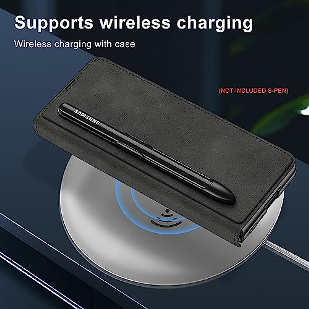 DEMCERT for Samsung Galaxy Z Fold 5 with [Fold4 Edition Pen Slot],Military Armor Full Body Protective Anti-Scratch Hard Leather Bracket Case with Screen Protector Wireless Charger (Black)