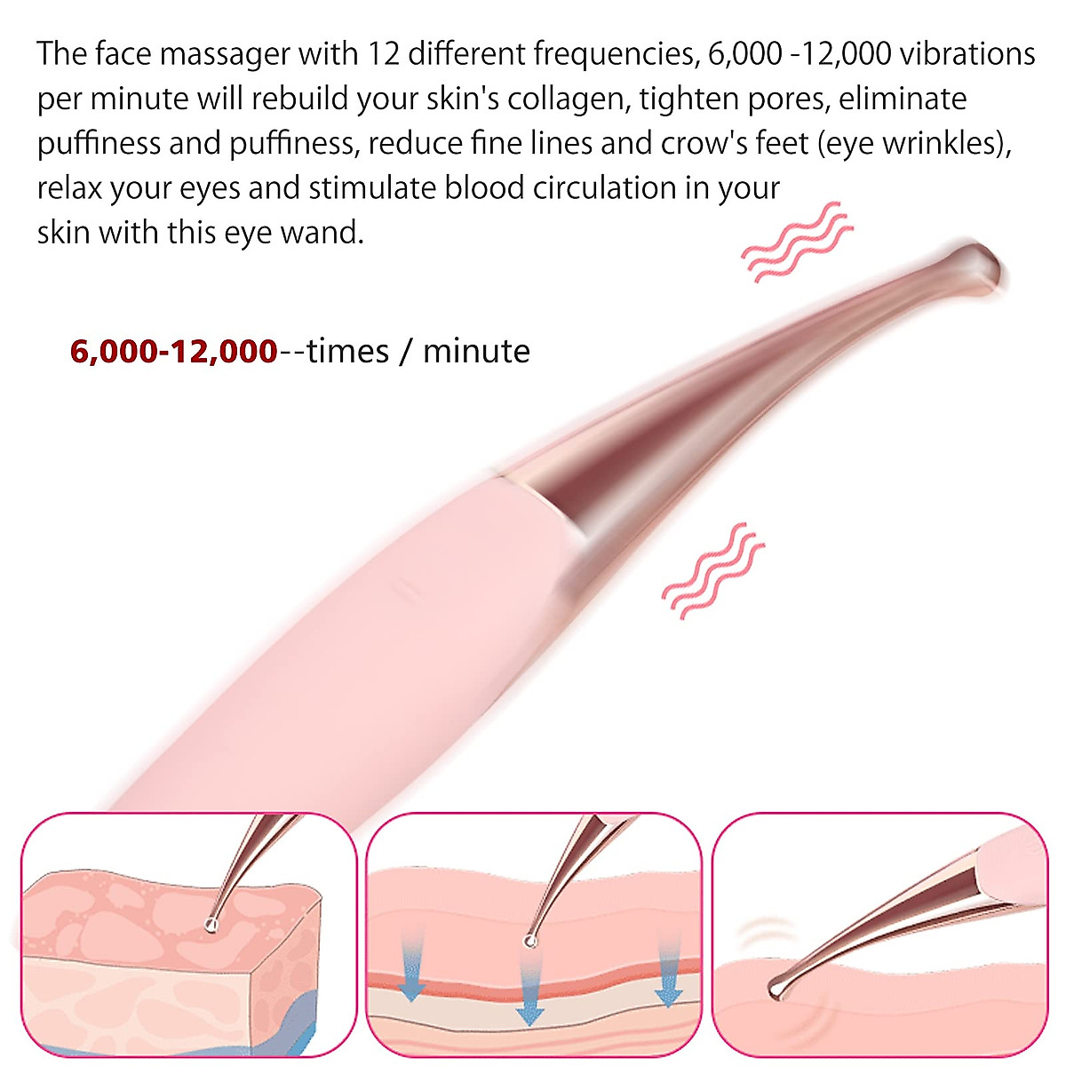 CHARMING Personal Eye Wand Massager with Eyes Body Massager Facial Vibrating Treatment for Dark Circles, Promote Essence Absorption, Eliminate Dark Circle, relieves Skin Fatigue -Pink