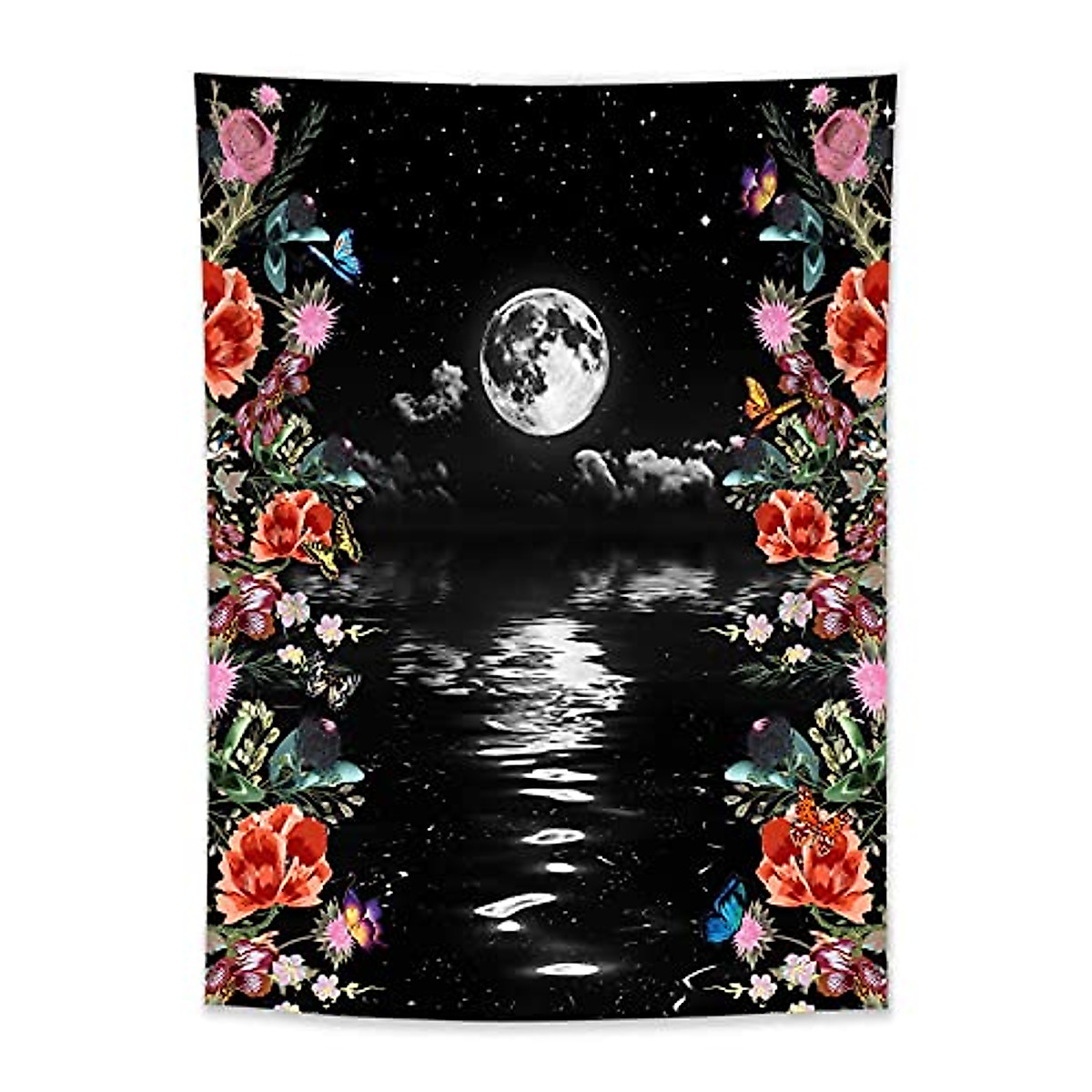 LB Full Moon Over Ocean Tapestry Wall Hanging, Moonlit Garden Tapestry, Night Sky Flower Plant on Black Background Wall Decor for Teen Bedroom Living Room Dorm Home Decor, 40 x 60 Inches