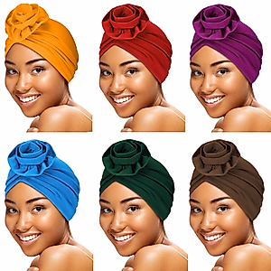 SATINIOR 6 Pieces Women Turban African Pattern Headwrap Colorful Printed Pretied Flower Knot Bonnet Hat for Women(Bright Colors)