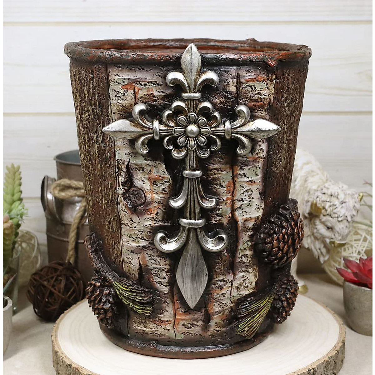 Ebros Gift Rustic Southwestern Inspirational Le Fleur Cross with Birch and Pinecones Bathroom Accessory Resin Sculpture Fleur De Lis Accent (Dry Waste Basket Trash Bin)