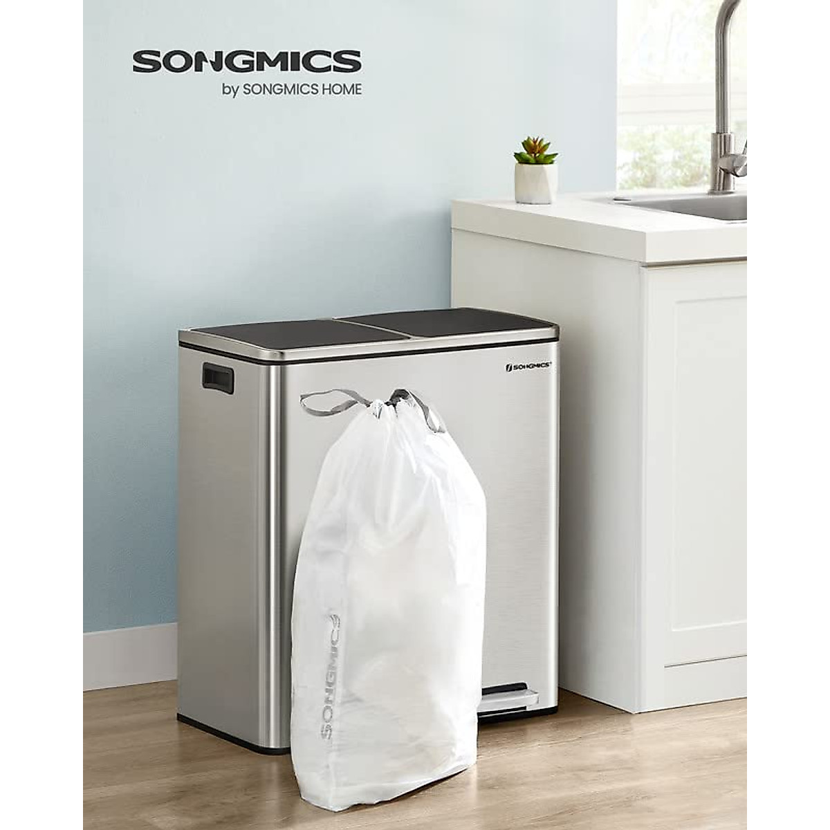 SONGMICS Drawstring Trash Bags, 8 Gallon Garbage Bags for 8-Gallon or 16-Gallon Dual Trash Cans, Trash Liners, Custom-Fit, Liner Code 30A, 2 Rolls, 90 Count, Watertight, Kitchen, White UKRB30A02