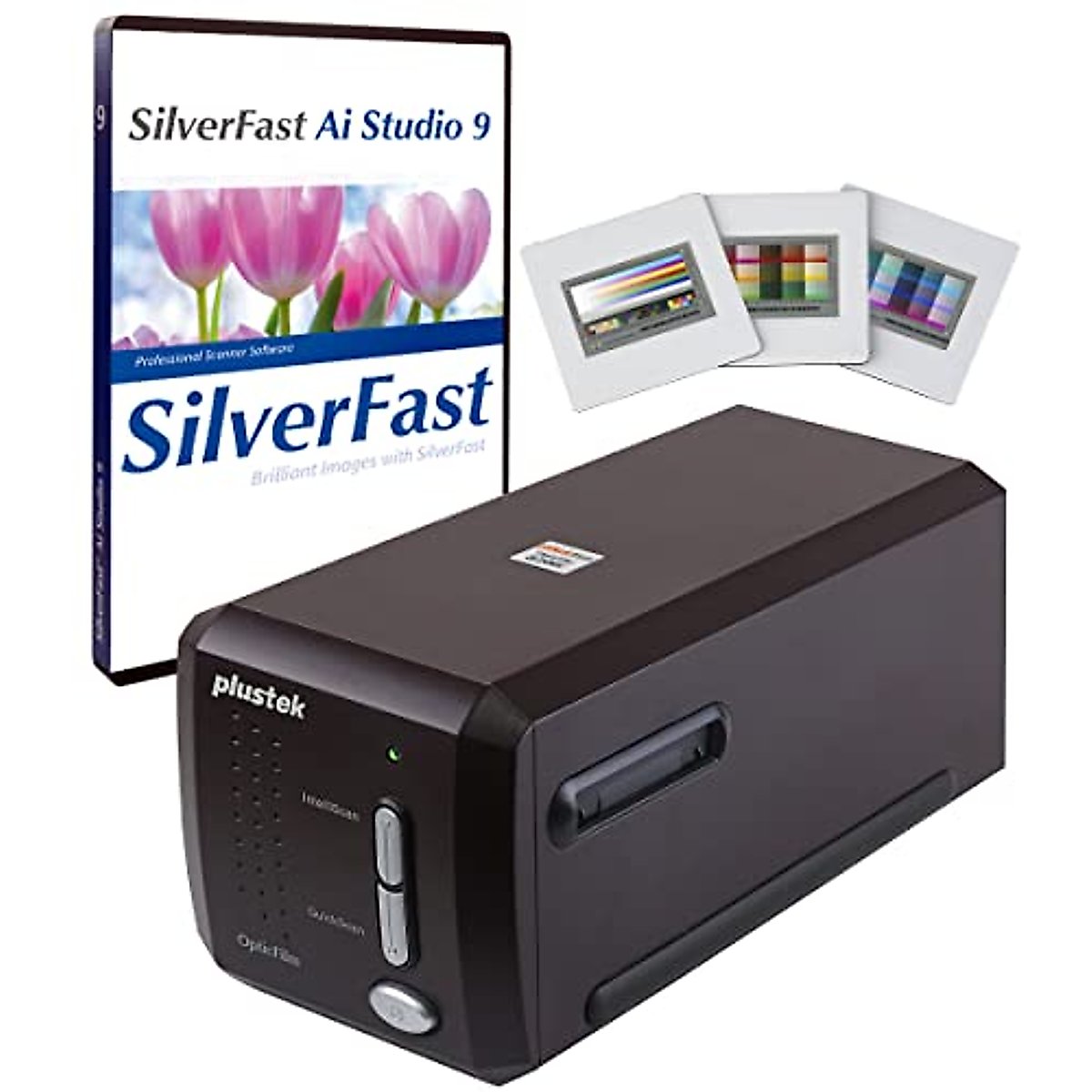 Plustek OpticFilm 8300i Ai Film Scanner - Converts 35mm Film & Slide into Digital, Bundle SilverFast Ai Studio 9 + QuickScan Plus, Include Advanced IT8 Calibration Target (3 Slide)