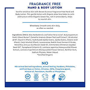 Desert Essence Fragrance Free Hand & Body Lotion - 8 Fl Ounce - Soothing - Aloe Vera - Shea Butter - Green Tea - Coconut Oil - Jojoba Oil