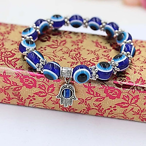 Evil Eye Hamsa Blue Beaded Charm Stretch Bracelet Hand of Fatima Turkish Lucky Evil Eye Bracelet for Protection and Blessing(10 mm-Plastic) (AMX2V09QTSUS)