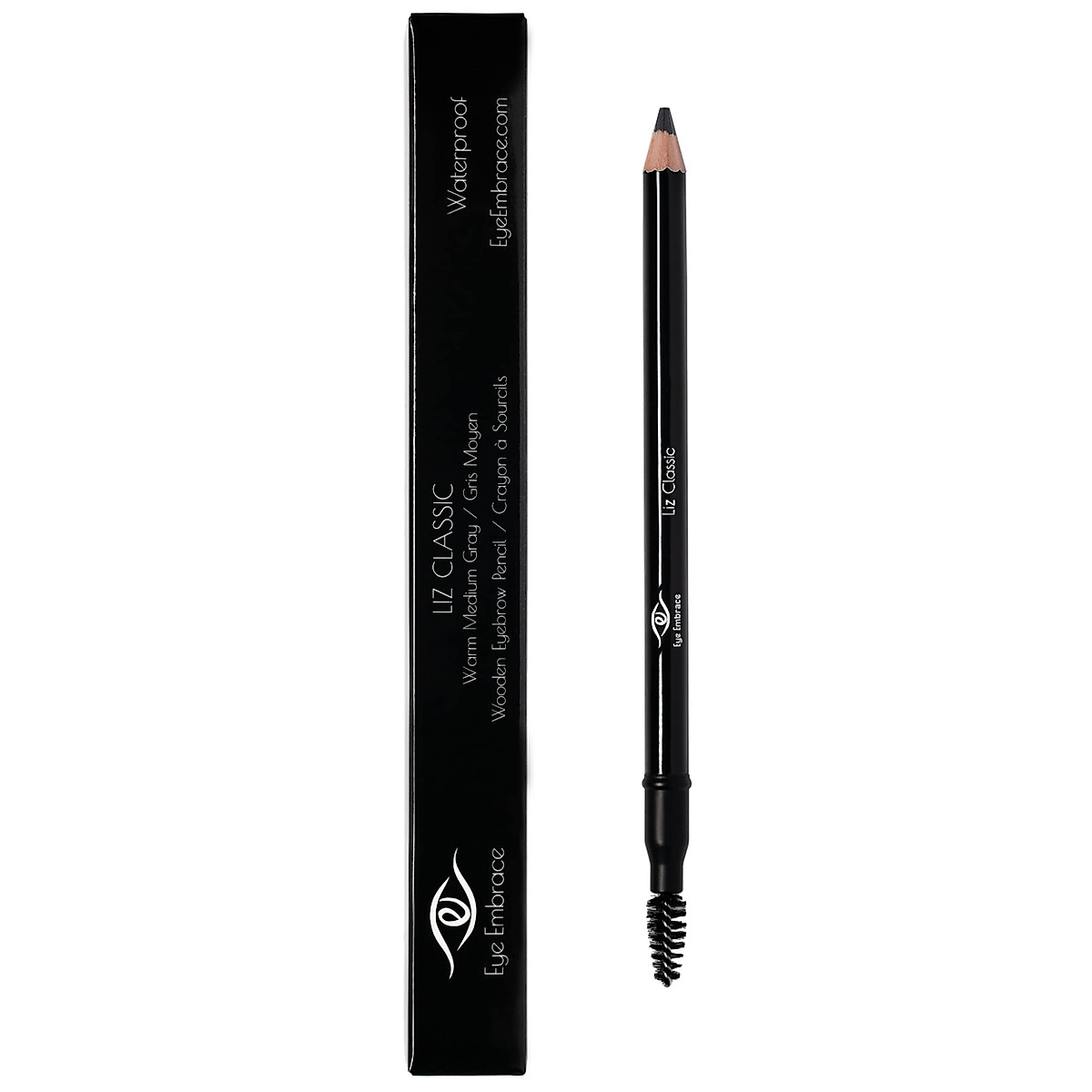 Eye Embrace Liz Classic: Warm Medium Gray Wooden Eyebrow Pencil – Waterproof, Double-Ended Pencil with Sharpener & Spoolie Brush, Cruelty-Free
