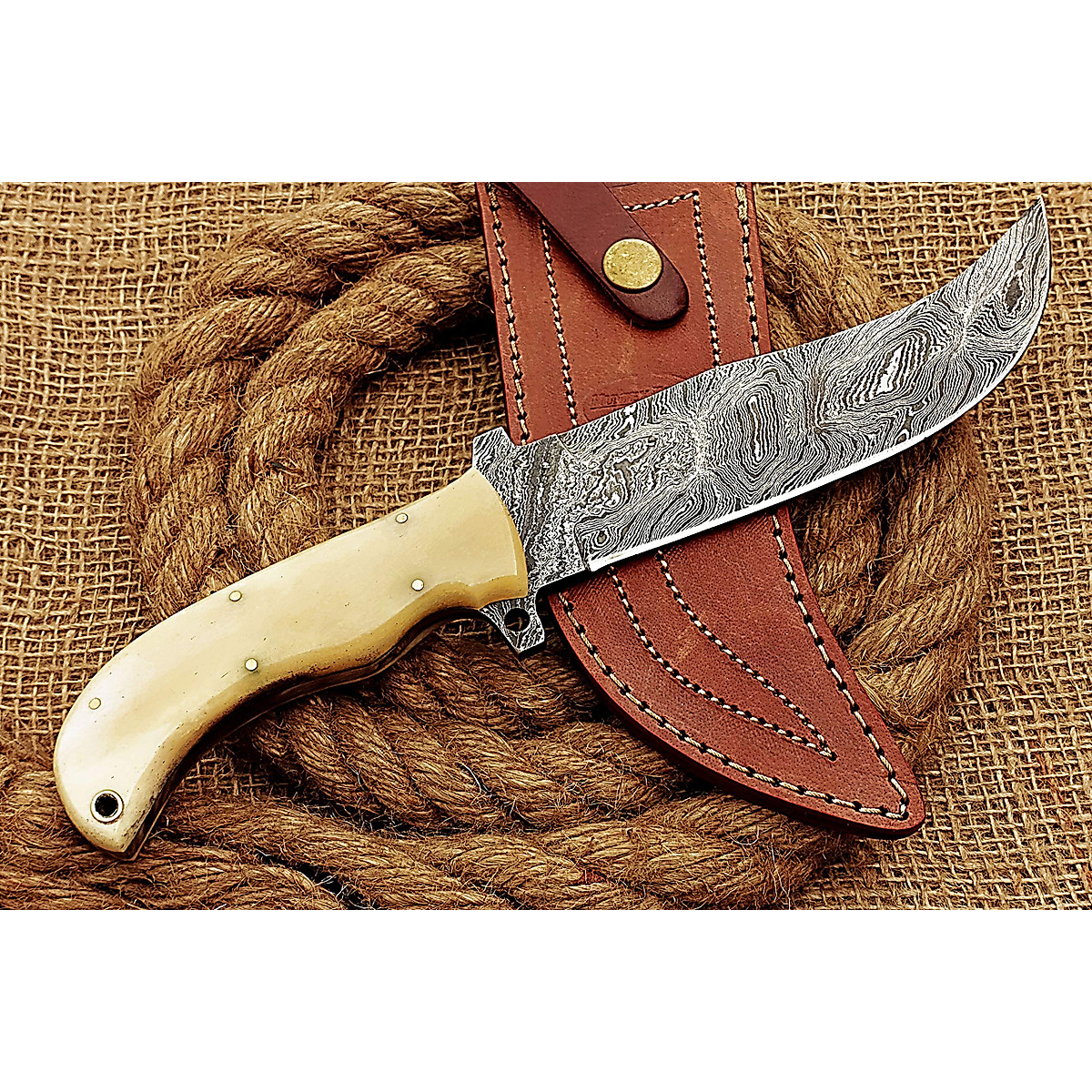 HUNTEX Handmade Hand-Forged Twist Pattern Damascus Steel 11 Inch Long Full Tang Camel Bone Handle Razor Sharp Hunting Camping Trail Knife w/Genuine Leather Sheath