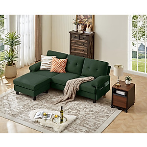 Pingliang Home Sectional Sofa Couch for Living Room, Deep 3-Seater L Shaped Couches 86" Convertible Sofas with Ottoman, Modern Linen Upholstered (Dark Green)
