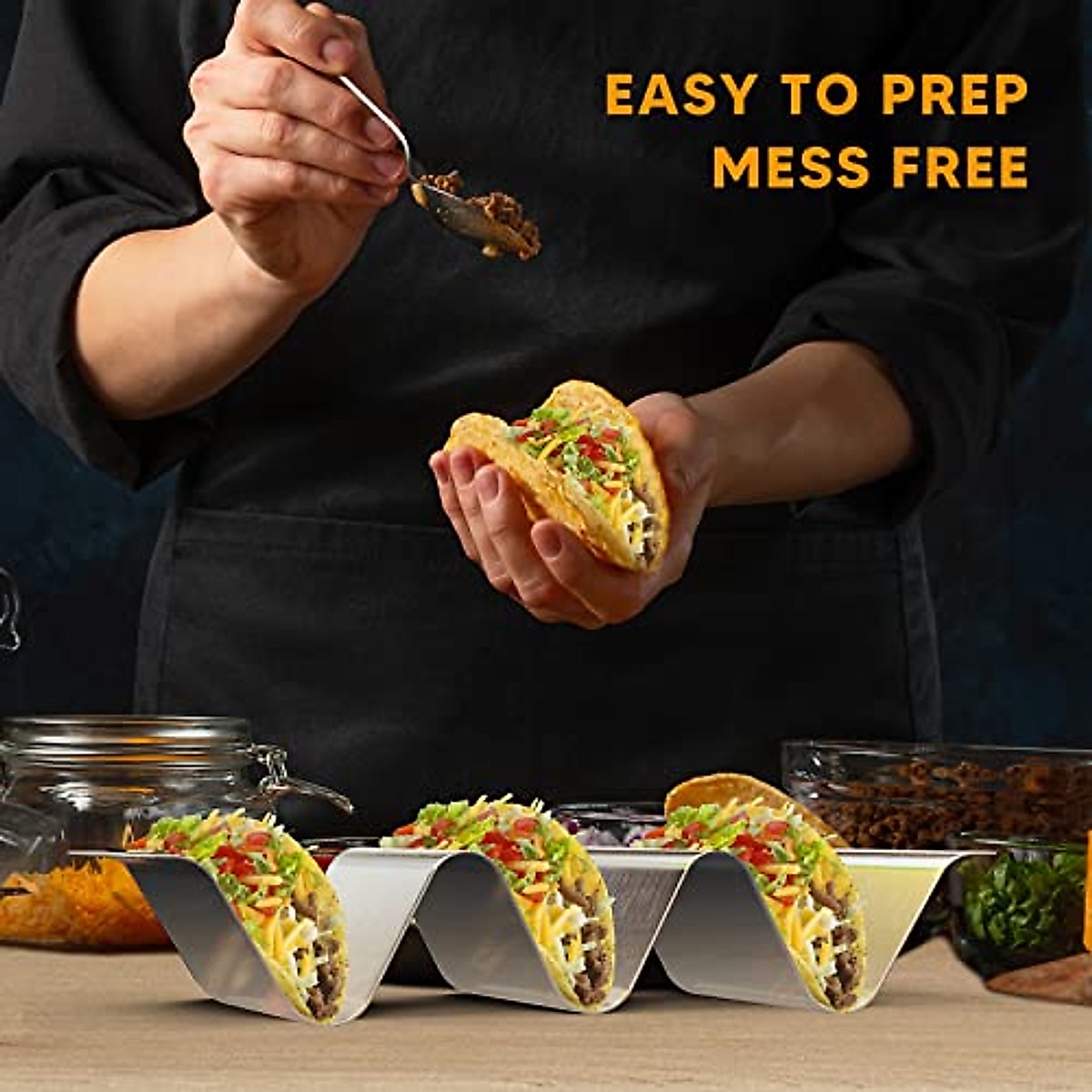 Taco Holder, Taco Stand, Taco Holders Set of 4, Stainless Steel Taco Rack with Handles, Each Metal Taco Tray Plates Holds Up to 2 or 3 Hard or Soft Taco Shells, Oven Grill and Dishwasher Safe