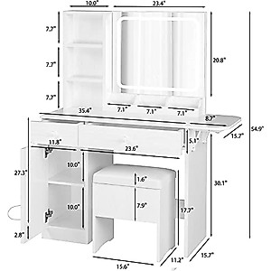 IRONCK Vanity Desk with LED Lighted Mirror & Power Outlet, Makeup Table with Drawers & Cabinet,Storage Stool,for Bedroom, White