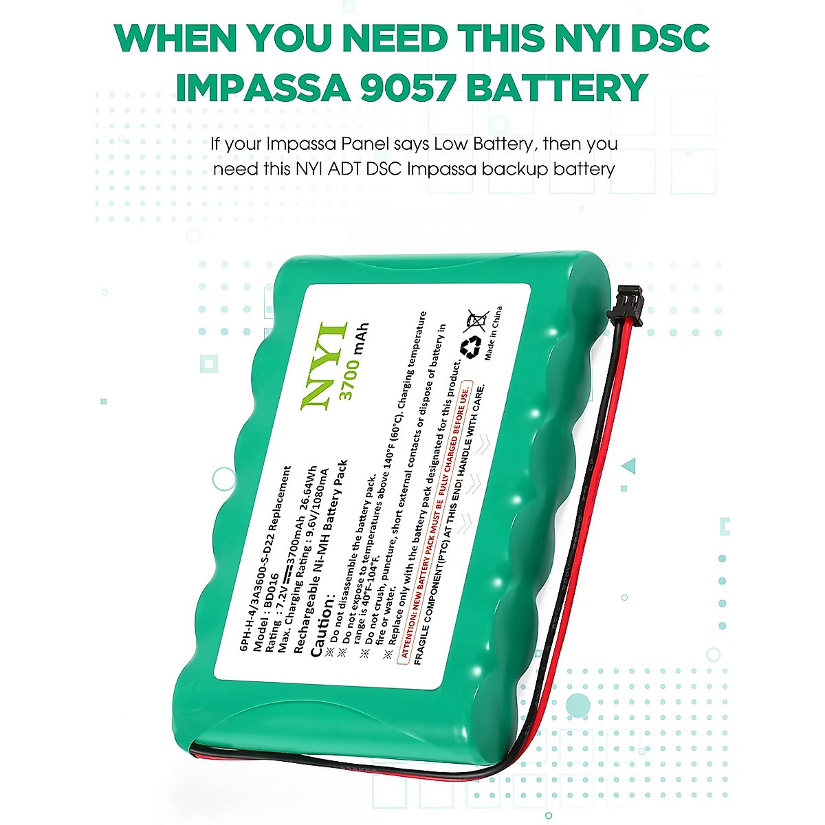 NYI Upgraded 3700mAh Battery Compatible with DSC IMPASSA 9057 2-Way Wireless Security System Alarm Panel, 6PH-H-4/3A3600-S-D22 Replacement, 7.2V Rechargeable Ni-MH Battery Pack for ADT Control Panel