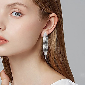 Mlouye Silver Tone Clear Rhinestone Chandelier Dangle Earrings for Women, Triangle Dangling Fringe Crystals Pierced Earring for Prom Party Jewelry