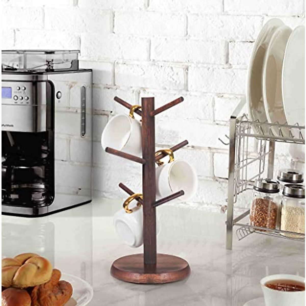 Dorhors Coffee Mug Holder,Coffee Mug Tree,Coffee Organizer Station with 6 Hooks,Wood Coffee Mug Holders for Counter,Coffee Bar Accessories and Decor,Walnut